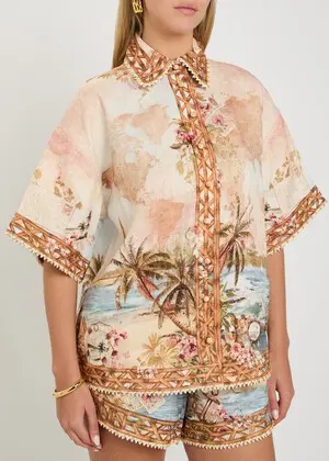 Zimmermann Mohan Printed Linen Shirt With Crochet Trims - Multicoloured