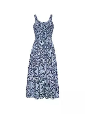 Cara Cara Bergamo Tile-print Smocked-waist Midi Dress - Blue