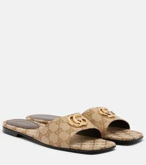Gucci Double G Gg Canvas Slides - Beige