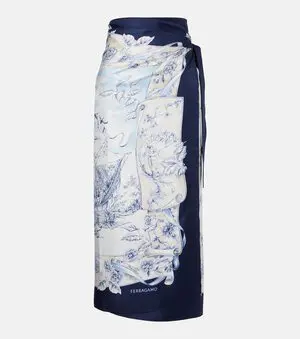 FERRAGAMO Printed Silk Wrap Skirt - Blue