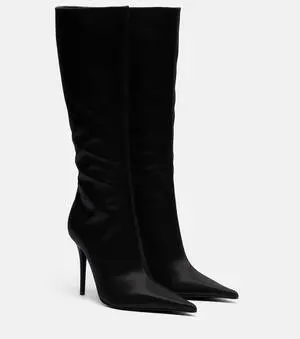 Amina Muaddi Barbara Satin Pointed Toe High Heel Knee-high Boots - Black