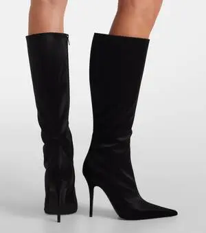 Amina Muaddi Barbara Satin Pointed Toe High Heel Knee-high Boots - Black