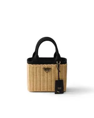 Prada Small Wicker And Canvas Tote Bag - Neutral