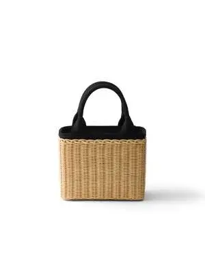 Prada Small Wicker And Canvas Tote Bag - Neutral