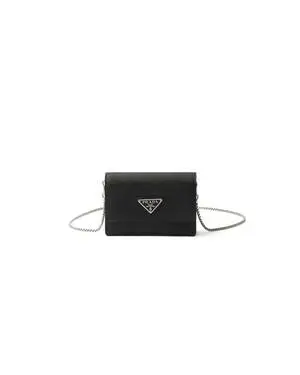 Prada Saffiano Leather Card Holder With Shoulder Strap - Black