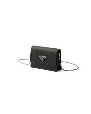 Prada Saffiano Leather Card Holder With Shoulder Strap - Black