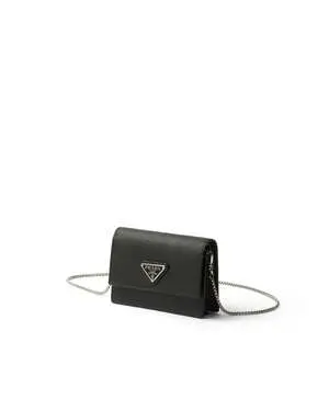 Prada Saffiano Leather Card Holder With Shoulder Strap - Black
