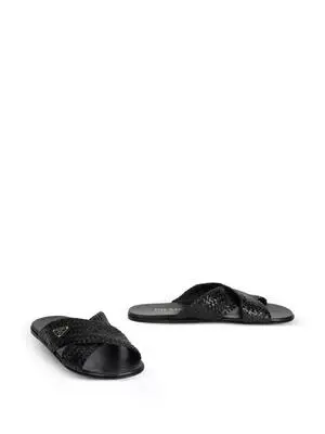 Prada Woven Leather Crisscross Slides - Black