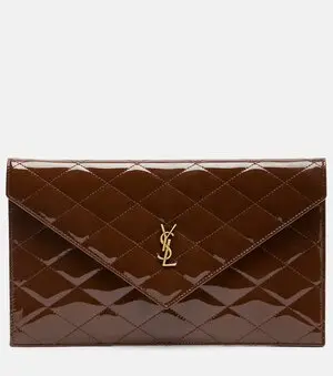 Saint Laurent Quilted Patent Leather Pouch - Brown