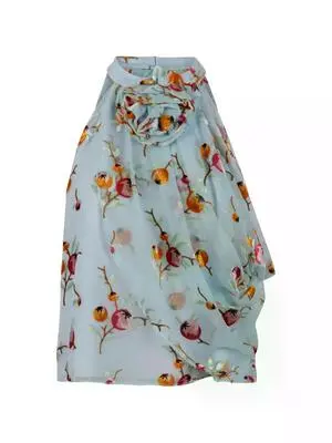Sea Floral Embroidered Draped Halter Neck Top - Blue