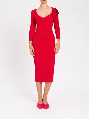 TWINSET Ribbed Jersey Midi Dress With Floral Appliqu - Fuchsia