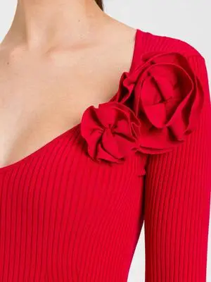 TWINSET Ribbed Jersey Midi Dress With Floral Appliqu - Fuchsia