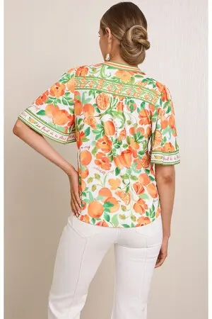 Hale Bob Jersey Floral Print Top With Bell Sleeves - Orange