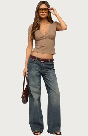 EDIKTED Merinda V-neck Stretch Cotton T-shirt - Brown