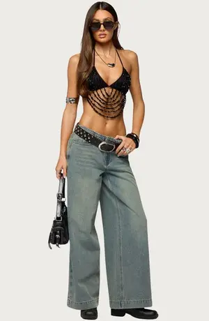 EDIKTED Beaded Halter Neck Bra Top