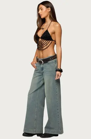 EDIKTED Beaded Halter Neck Bra Top