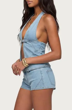 EDIKTED Denim Halter Top - Light-blue-washed