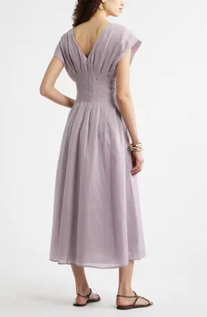 Nordstrom Pleated Waist V-neck Midi Dress - Purple Fog