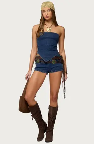 EDIKTED Zaida Strapless Handkerchief Hem Denim Top