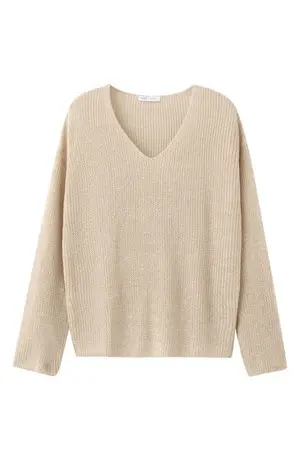 Mango V-neck Shaker-stitch Sweater With Dropped Shoulders - Sand