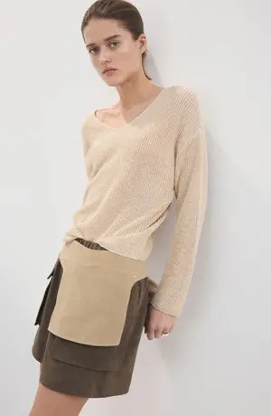 Mango V-neck Shaker-stitch Sweater With Dropped Shoulders - Sand