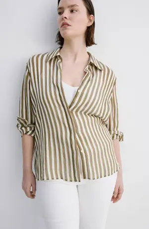 Mango Striped Semisheer Woven Shirt - Khaki