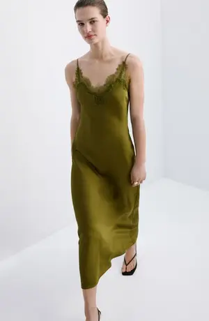 Mango Lace Trimmed Satin Midi Slipdress - Green