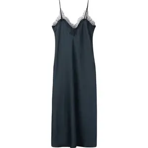 Mango Lace Trimmed Satin Midi Slipdress - Navy