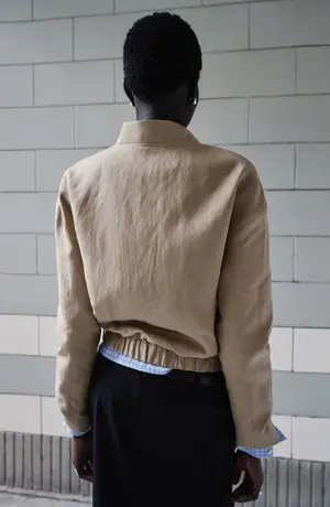 Mango Linen Blend Zip-up Jacket With Band Collar