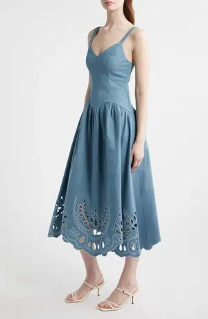 Moon River Eyelet Detail Sleeveless Midi Dress - Light Blue