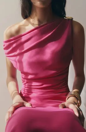 Mango One-shoulder Ruched Maxi Dress With Side Slit