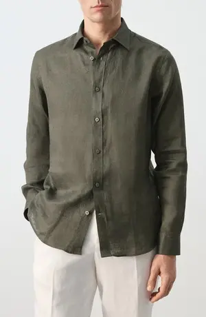 Mango X Casper Ruud Regular Fit Linen Button-up Shirt - Medium Green