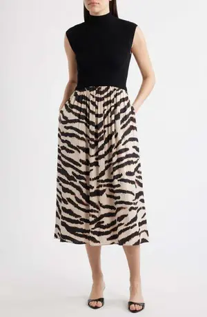 Vince Camuto Mock Neck Zebra Print Midi Dress