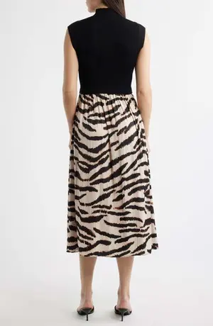 Vince Camuto Mock Neck Zebra Print Midi Dress