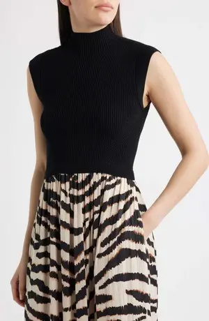 Vince Camuto Mock Neck Zebra Print Midi Dress