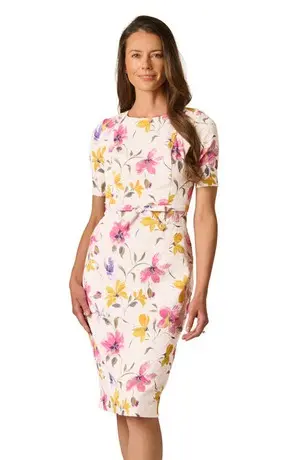 Adrianna Papell Floral Jacquard Sheath Dress With Bow Detail