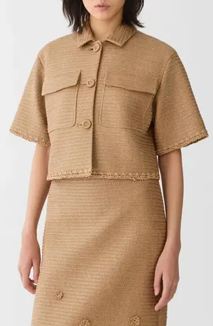 Lafayette 148 New York Raffia Effect Crop Shirt Jacket With Crocheted Edges