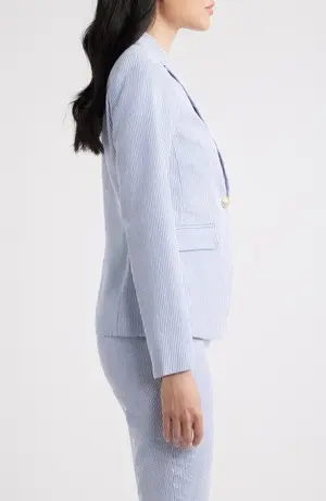 TAHARI ASL Seersucker Blazer With Golden Embossed Buttons - Navy Ivory