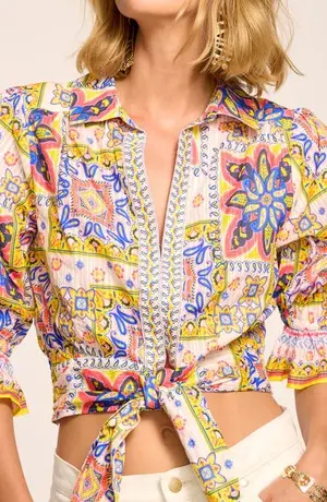 Ramy Brook Zola Tile Print Tie Front Shirt