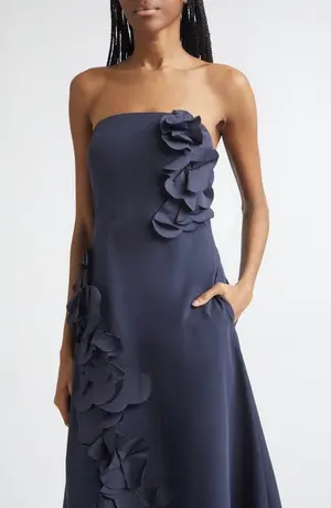 Ramy Brook Zaria Floral Appliqué Strapless Midi Dress