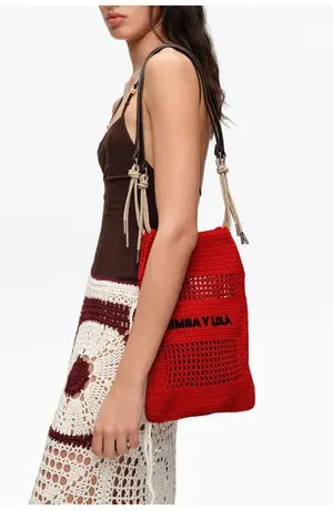 Bimba Y Lola Crochet Market Bag With Cord And Leather Handle - Red