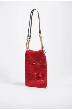 Bimba Y Lola Crochet Market Bag With Cord And Leather Handle - Red