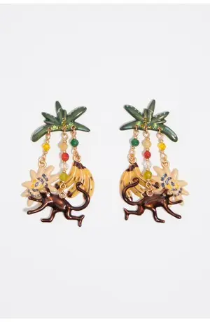 Bimba Y Lola Monkey And Banana Enamel And Crystal Earrings - Brown