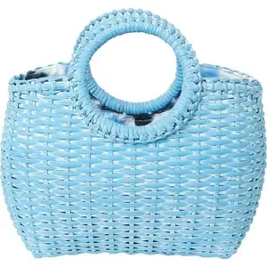 SARAH STEWART Willow Cain Handwoven Rattan Top Handle Bag With Printed Lining - Blue