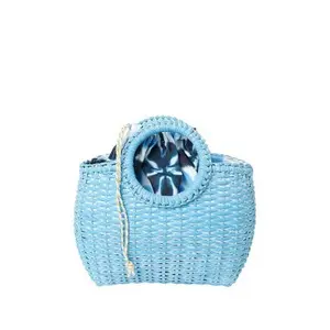 SARAH STEWART Willow Cain Handwoven Rattan Top Handle Bag With Printed Lining - Blue