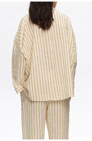 Bimba Y Lola Ocher Striped Textured Cotton Blend Oversize Shirt