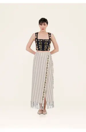 Agua Bendita Maria Valle Striped Embroidered Wrap Maxi Skirt