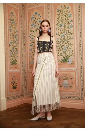 Agua Bendita Maria Valle Striped Embroidered Wrap Maxi Skirt