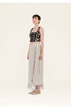 Agua Bendita Maria Valle Striped Embroidered Wrap Maxi Skirt