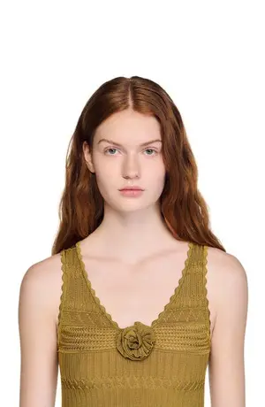 Sandro Floral Pointelle Knit Top - Olive